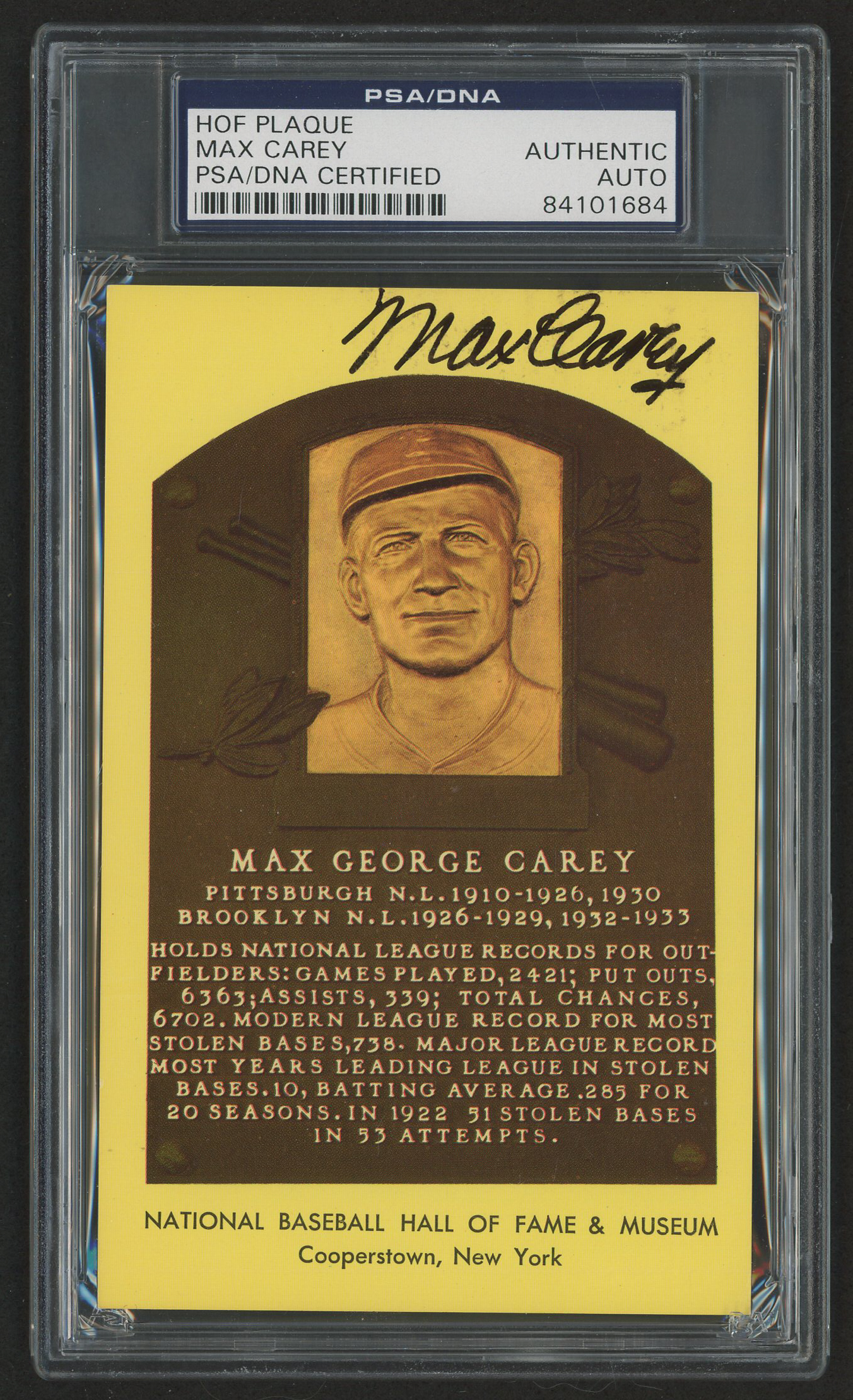 Max Carey Signed Gold Hall of Fame Plaque Postcard (PSA Encapsulated ...