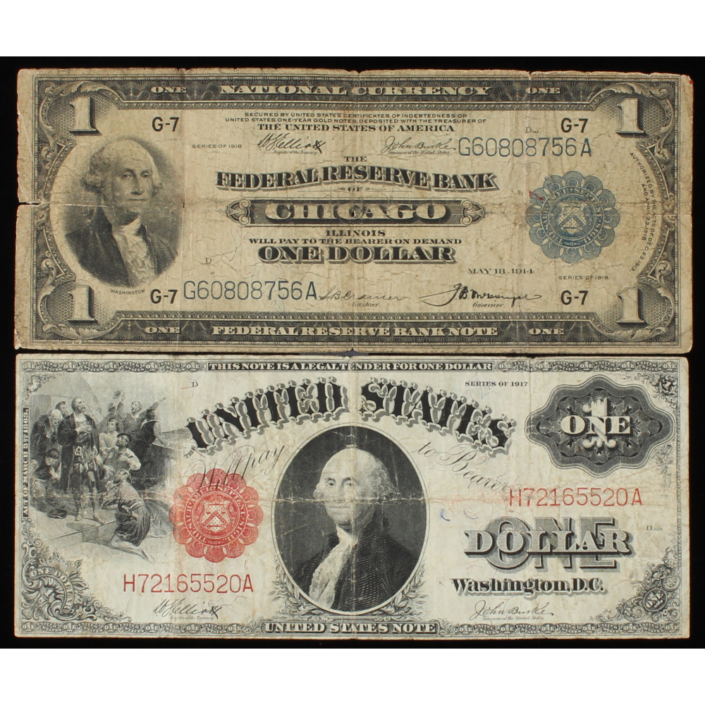 Lot of (2) $1 Notes with 1917 Legal Tender Note & 1918 Federal Reserve ...