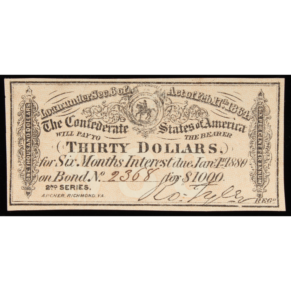 1864 $30 Thirty Dollars Confederate States of America Bank Note Bill ...