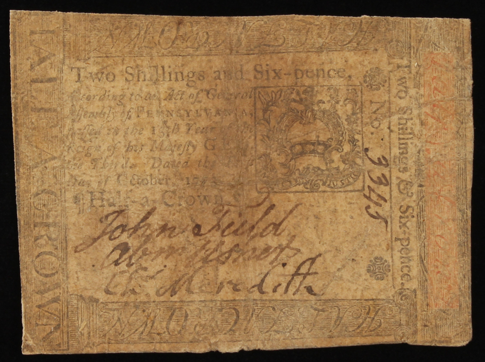 1773 Two Shillings & Six Pence Pennsylvania Colonial Currency Note ...