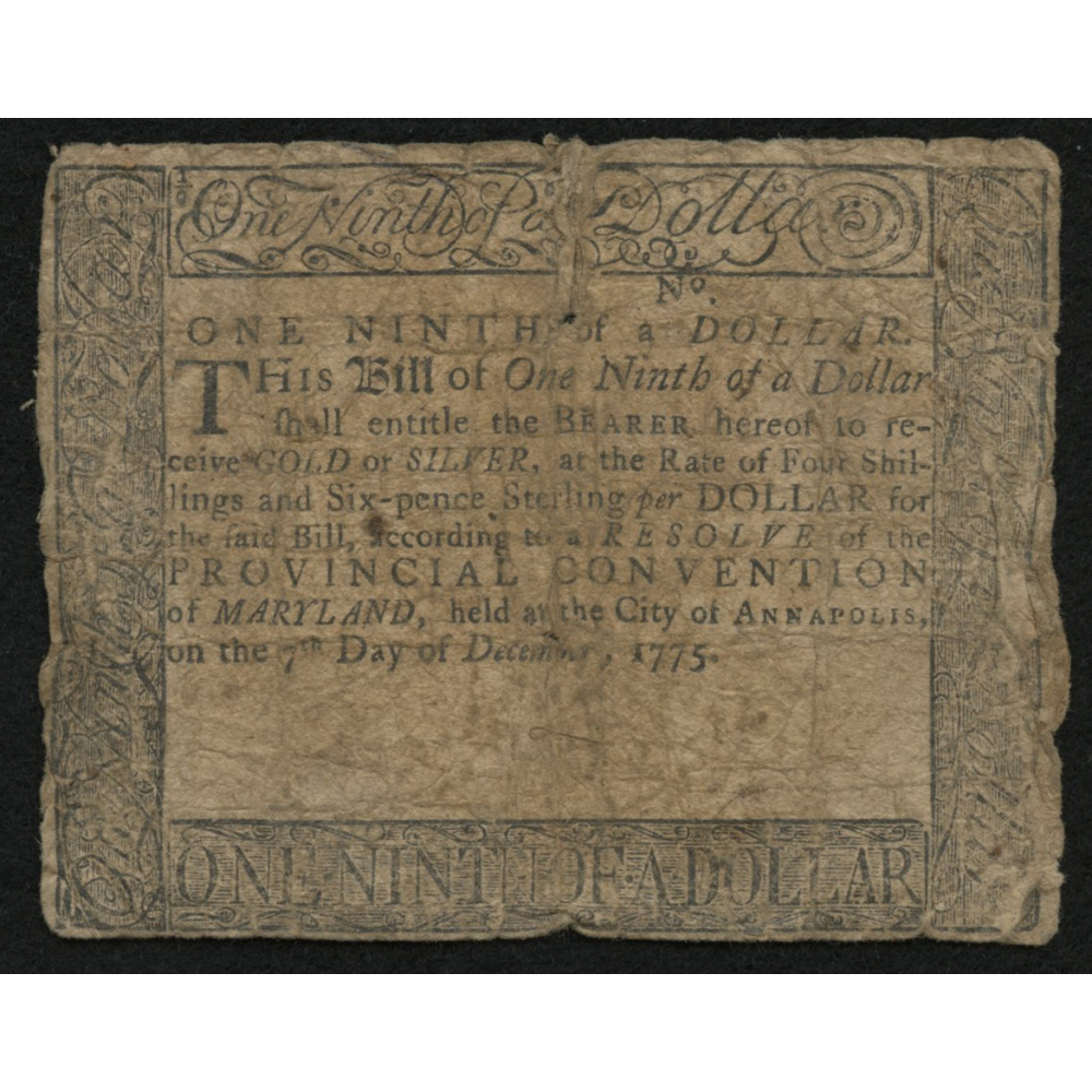 1775 One Ninth of a Dollar Maryland Colonial Currency Note | Pristine ...