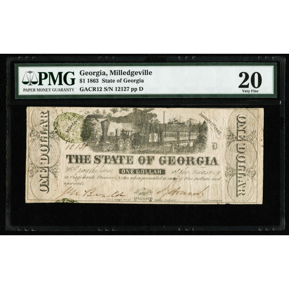 1863 $1 One-Dollar Georgia, Milledgeville - The State of Georgia ...