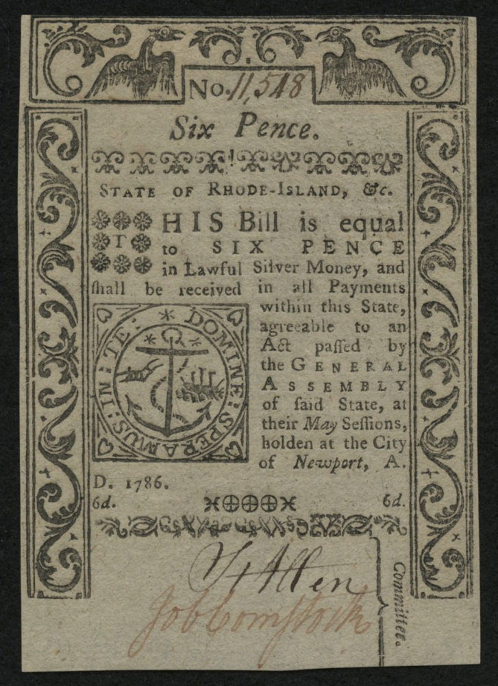 1786 Six Pence Rhode-Island Colonial Currency Note | Pristine Auction