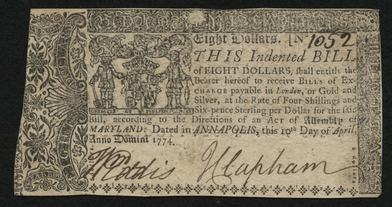 1774 $8 Eight Dollars Maryland Colonial Currency Note | Pristine Auction