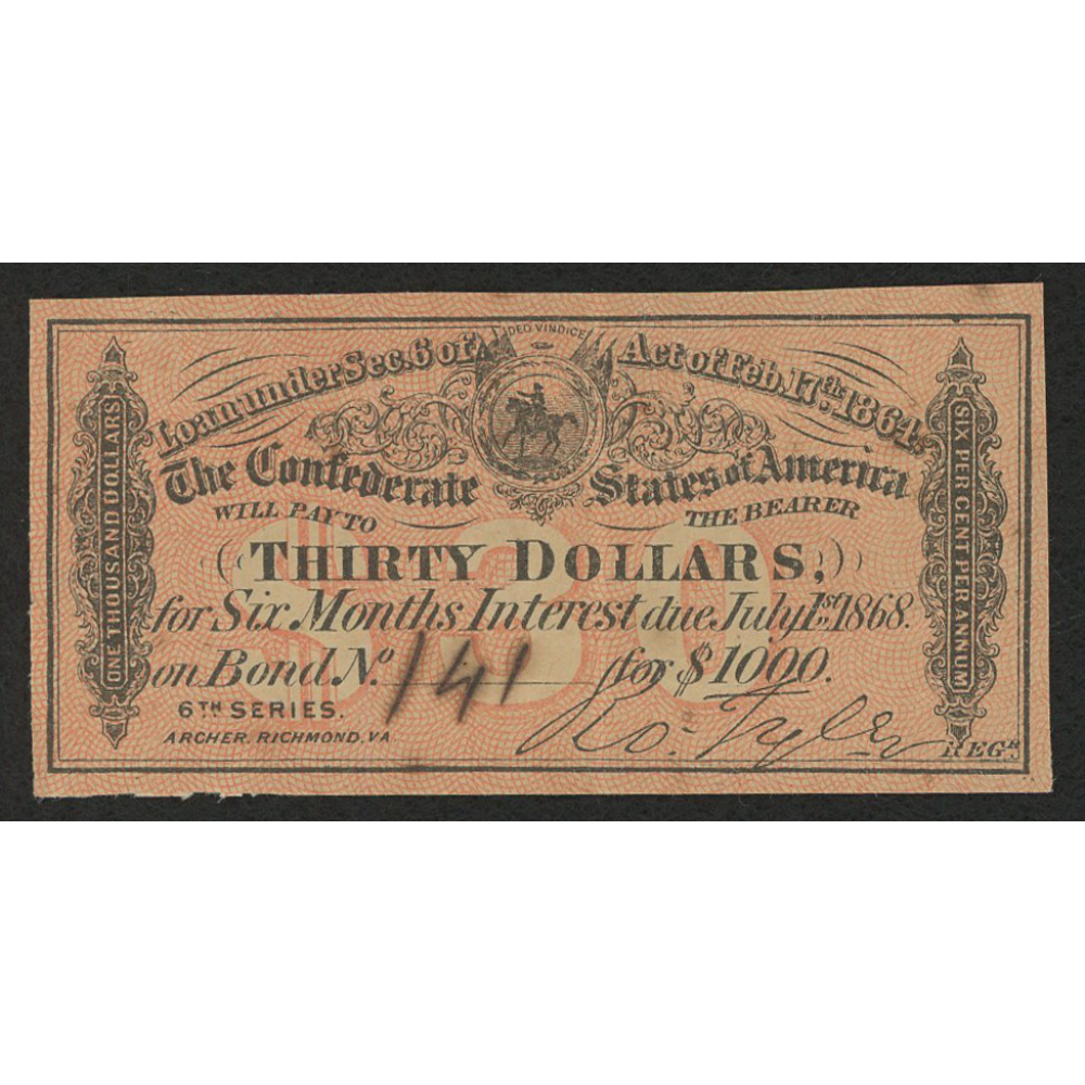 1864 $30 Thirty Dollars Confederate States of America Richmond CSA Bank ...