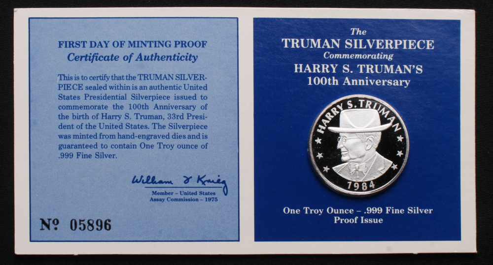 1984 Harry Truman One Troy Ounce .999 Fine Silver Proof Bullion ...