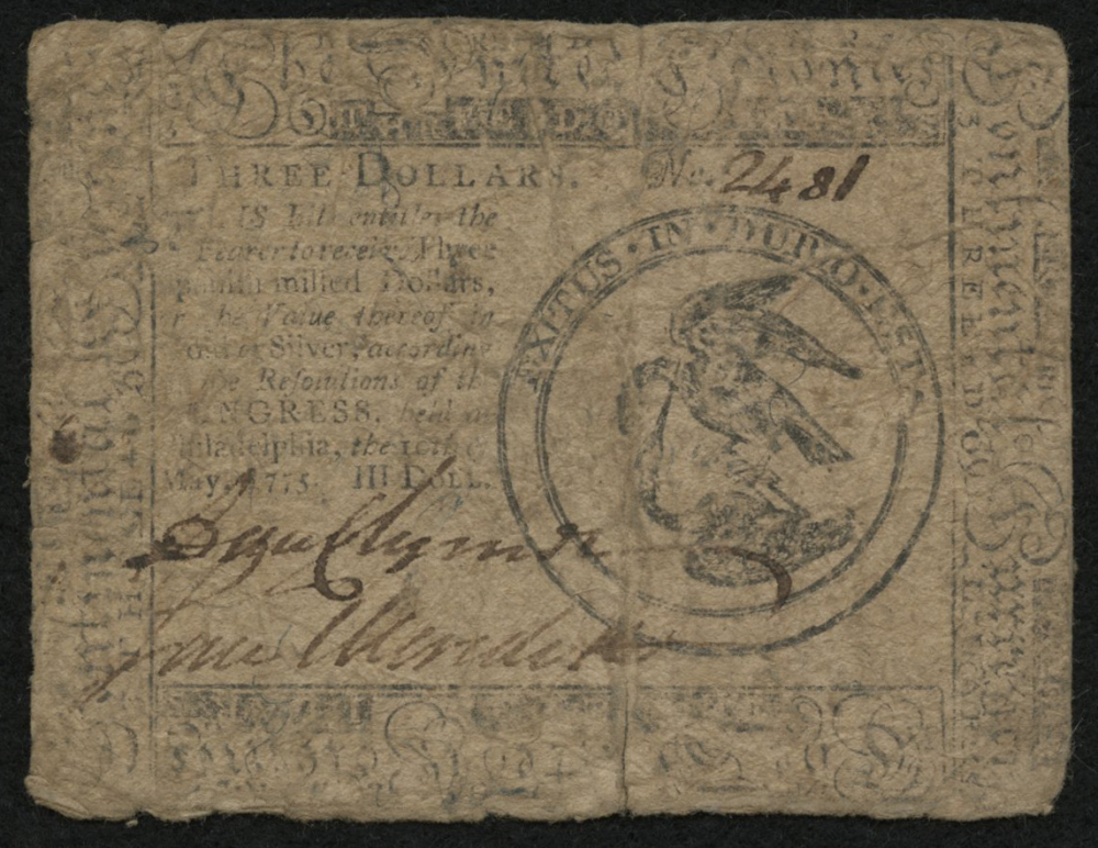 1775 $3 Three Dollars Continental Colonial Currency Note | Pristine Auction