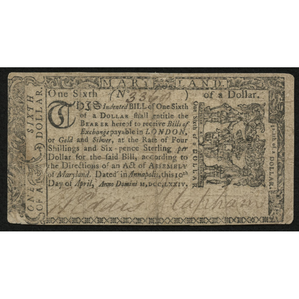 1774 One Sixth of a Dollar Maryland Colonial Currency Note | Pristine ...