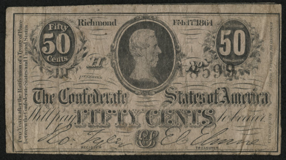 1864 50¢ Fifty Cents Confederate States of America Richmond CSA Bank ...