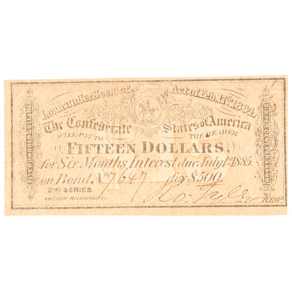 1885 $15 Fifteen Dollars Confederate States of America Bank Note Bill ...