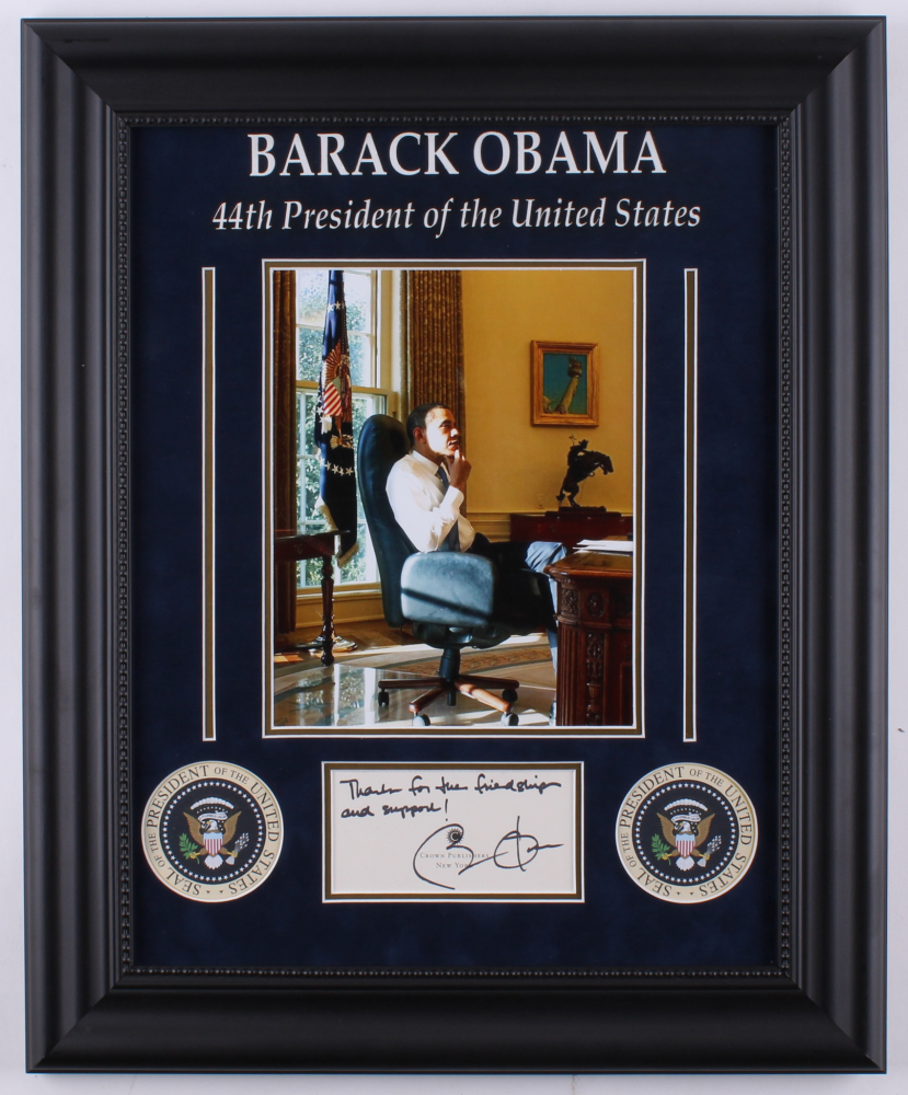 Barack Obama Signed 18x22 Custom Framed Cut Display Inscribed "Thanks ...