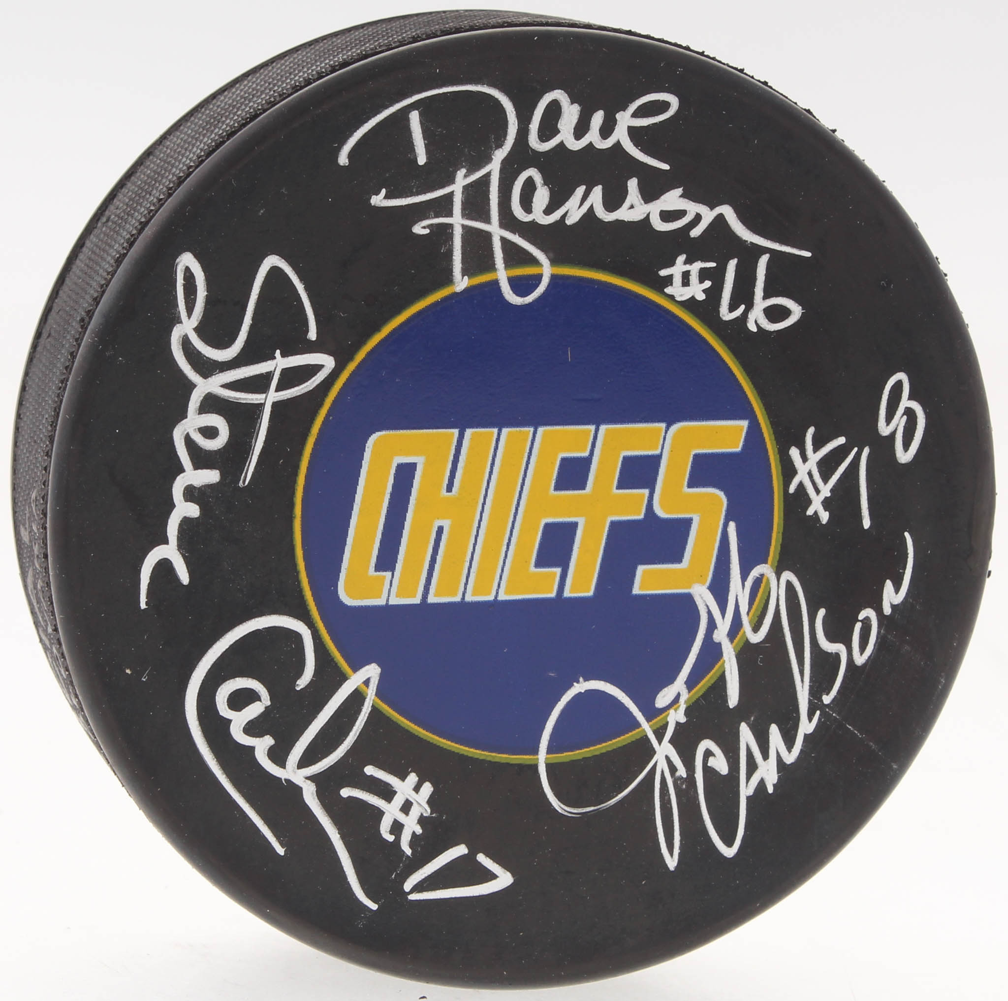 Dave Hanson, Steve Carlson & Jeff Carlson Signed Chiefs "Slap Shot" Logo Hockey Puck (Beckett ...