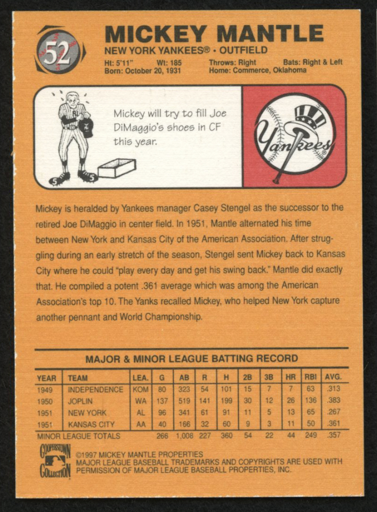 1997 Scoreboard Mantle #52 Mickey Mantle / 1952 Trading Card | Pristine ...