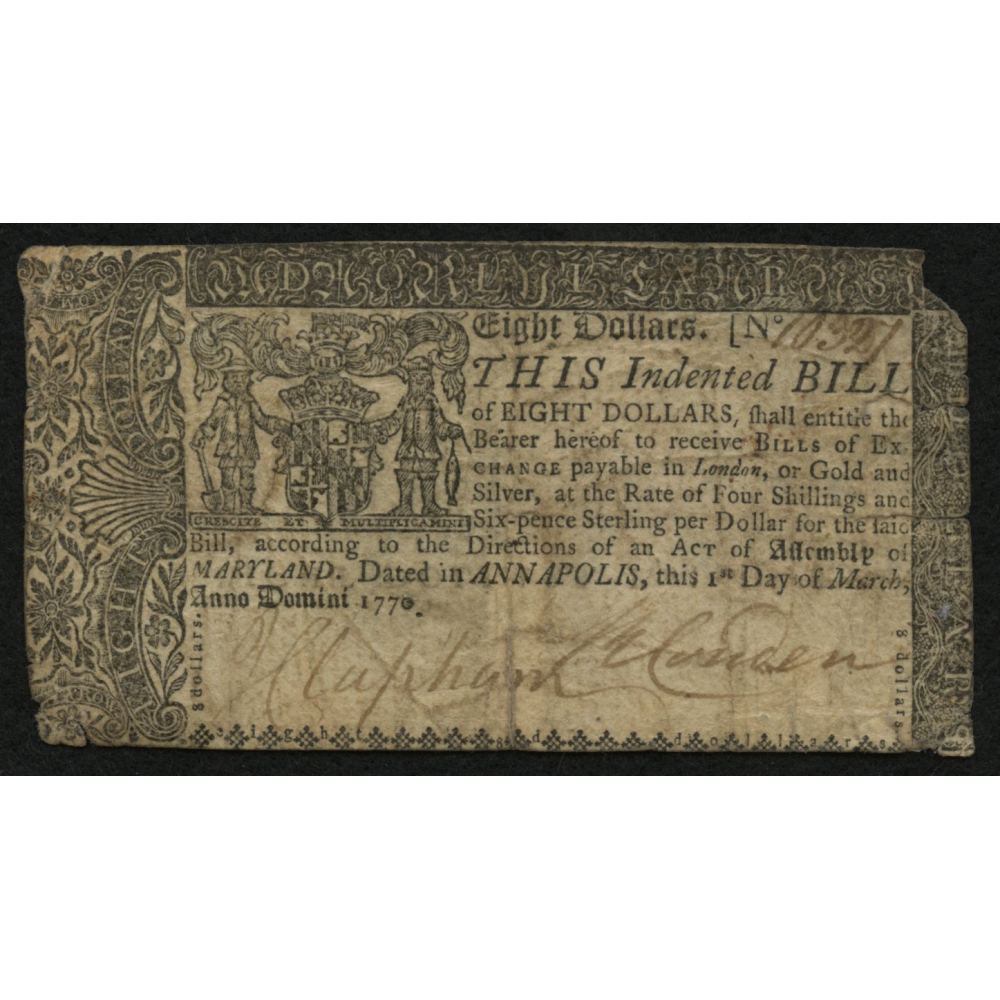 1770 $8 Eight Dollars Maryland Colonial Currency Note | Pristine Auction