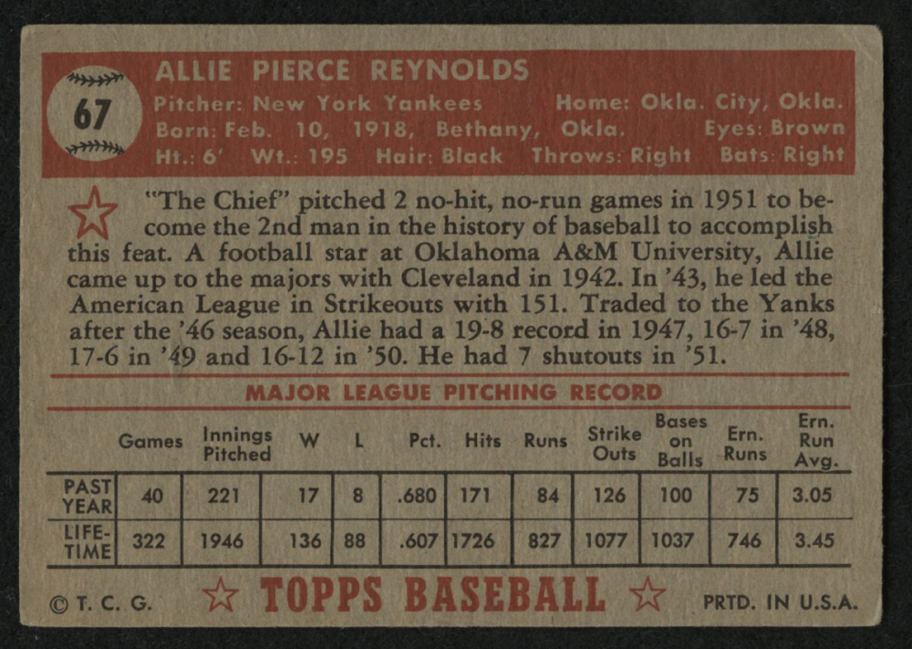 1952 Topps #67 Allie Reynolds | Pristine Auction
