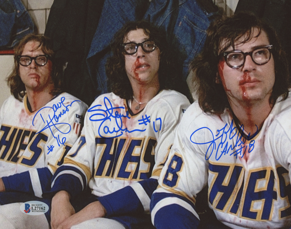 Dave Hanson, Steve Carlson, & Jeff Carlson Signed "Slap Shot" 8x10 Photo (Beckett COA ...