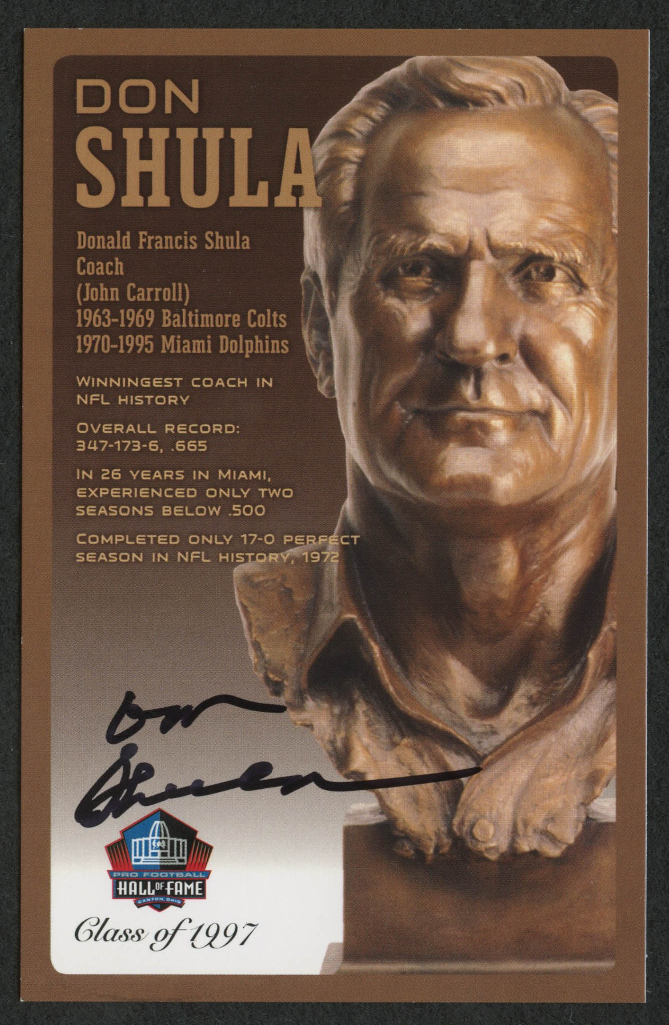 Don Shula Signed LE Bronze Bust Football Hall of Fame Postcard (Pro ...