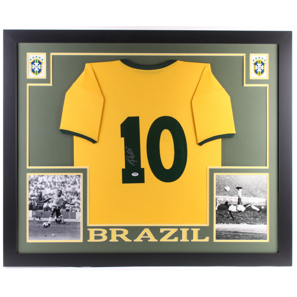 Pele Signed Brazil 35" x 43" Custom Framed Jersey (PSA COA) | Pristine ...