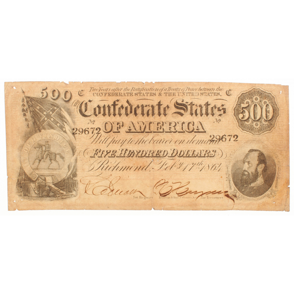 1864 $500 Five Hundred Dollars Confederate States of America Richmond ...