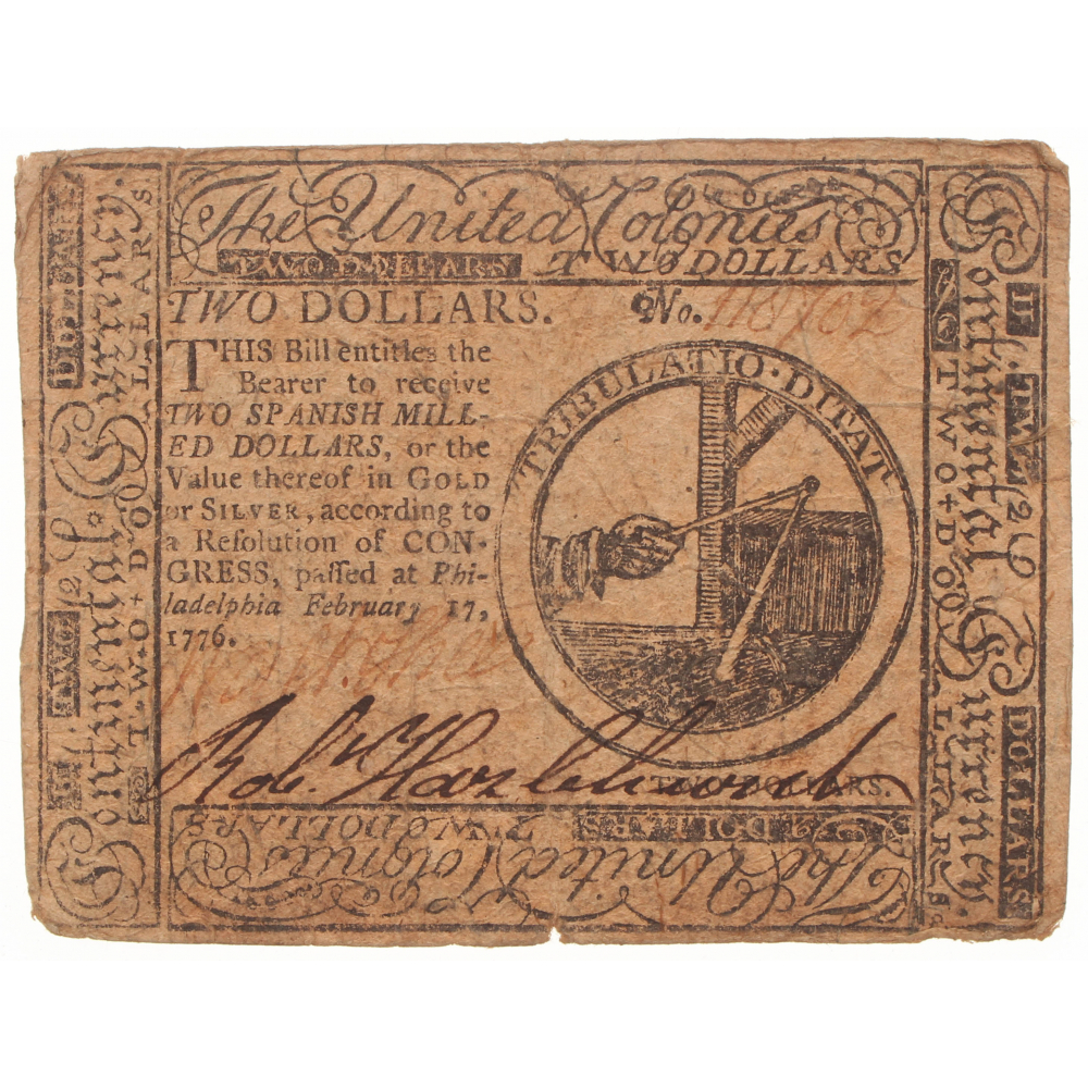 1776 $2 Two Dollars Continental Colonial Currency Note | Pristine Auction