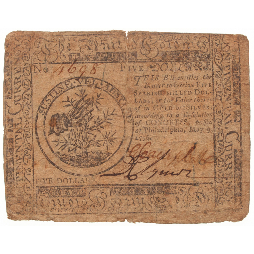 1776 $5 Five Dollars Continental Colonial Currency Note | Pristine Auction
