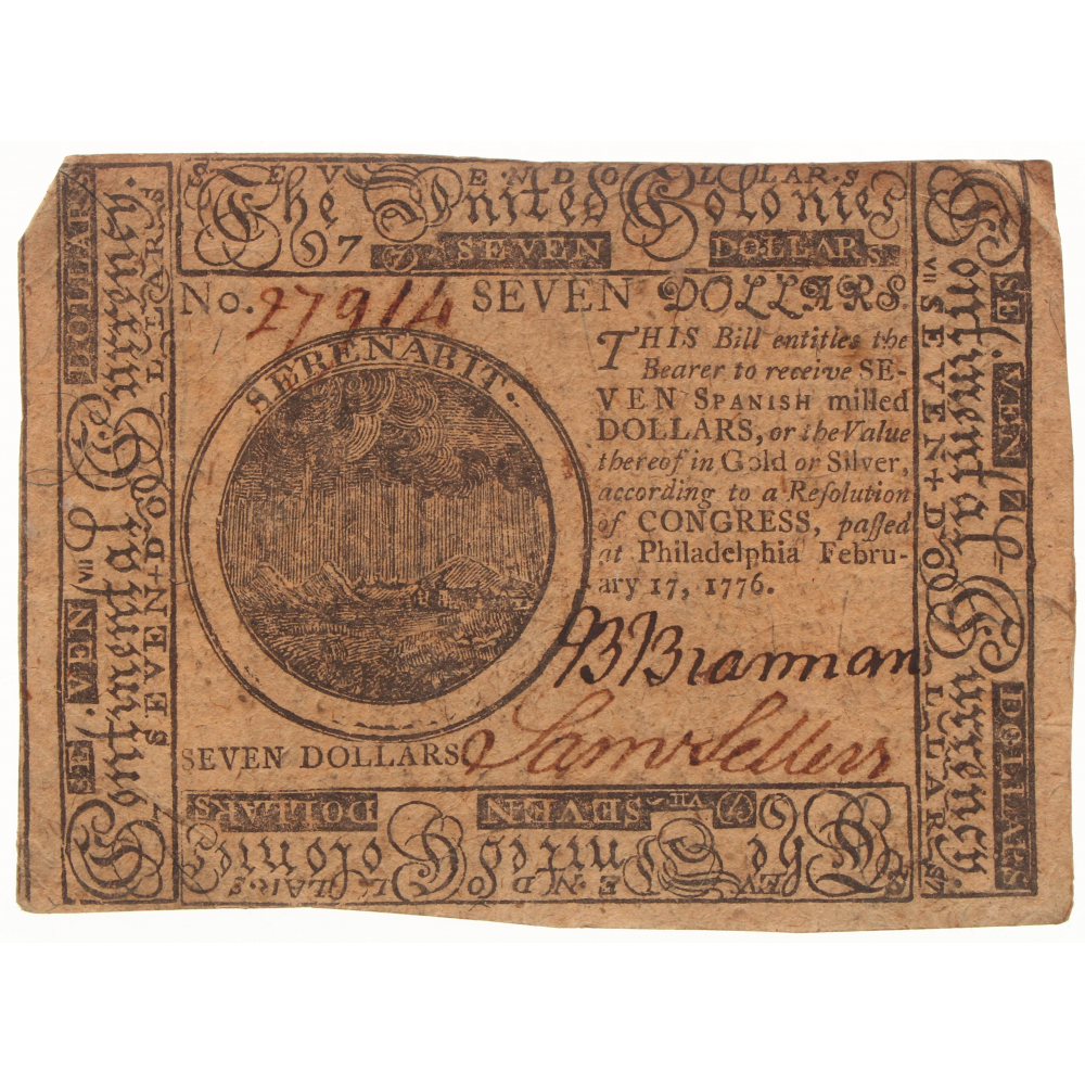 1776 $7 Seven Dollars Continental Colonial Currency Note | Pristine Auction
