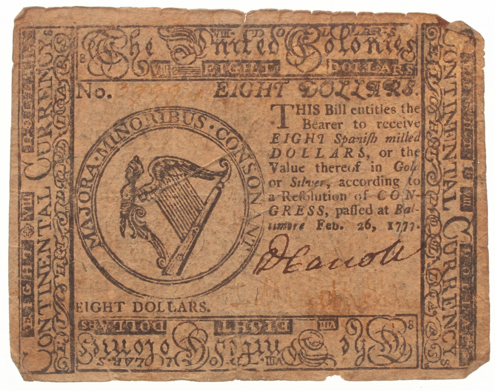 1777 $8 Eight Dollars Continental Colonial Currency Note | Pristine Auction