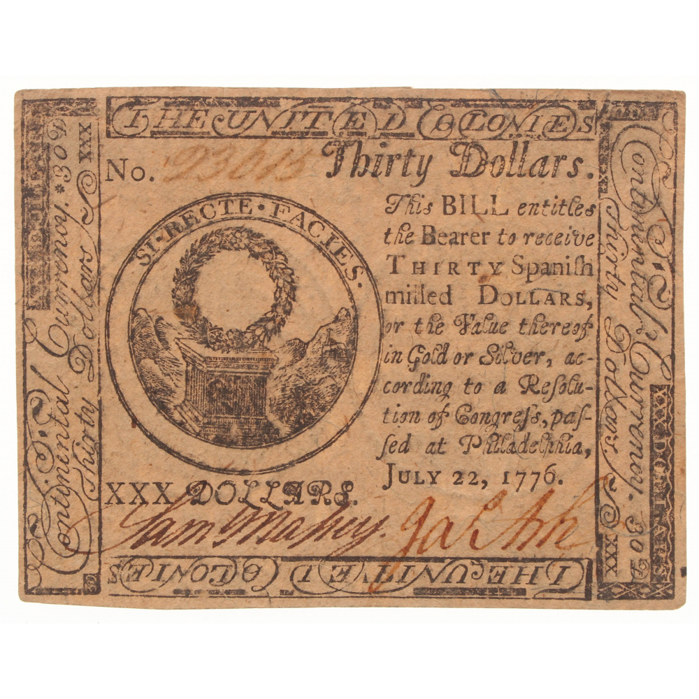 1776 $30 Thirty Dollars Continental Colonial Currency Note | Pristine ...