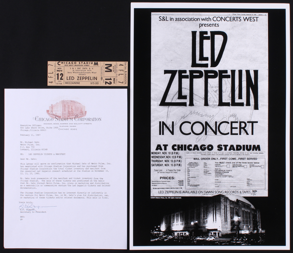 Lot of (2) Led Zeppelin Items with (1) Unused 1980 Chicago Concert ...