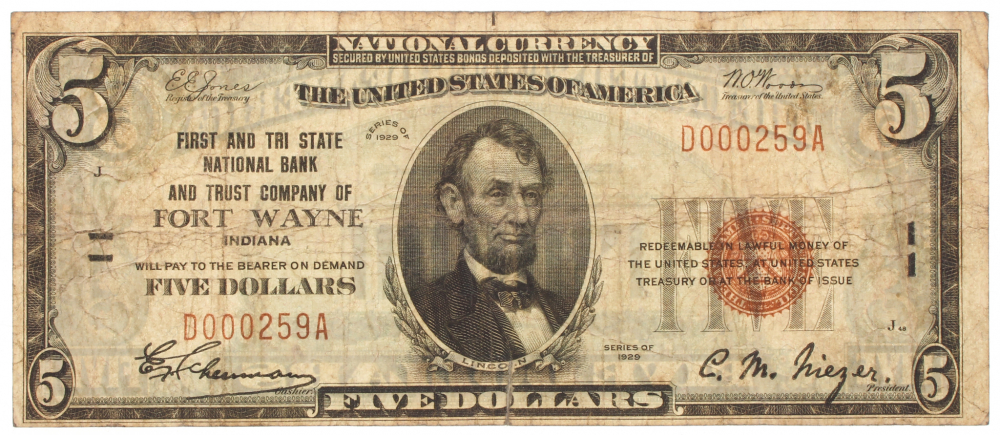 1929 $5 Five Dollar U.S. National Currency Bank Note with Brown Seal ...