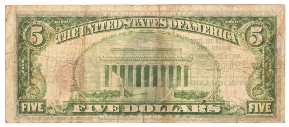 1929 $5 Five Dollar U.S. National Currency Bank Note with Brown Seal ...