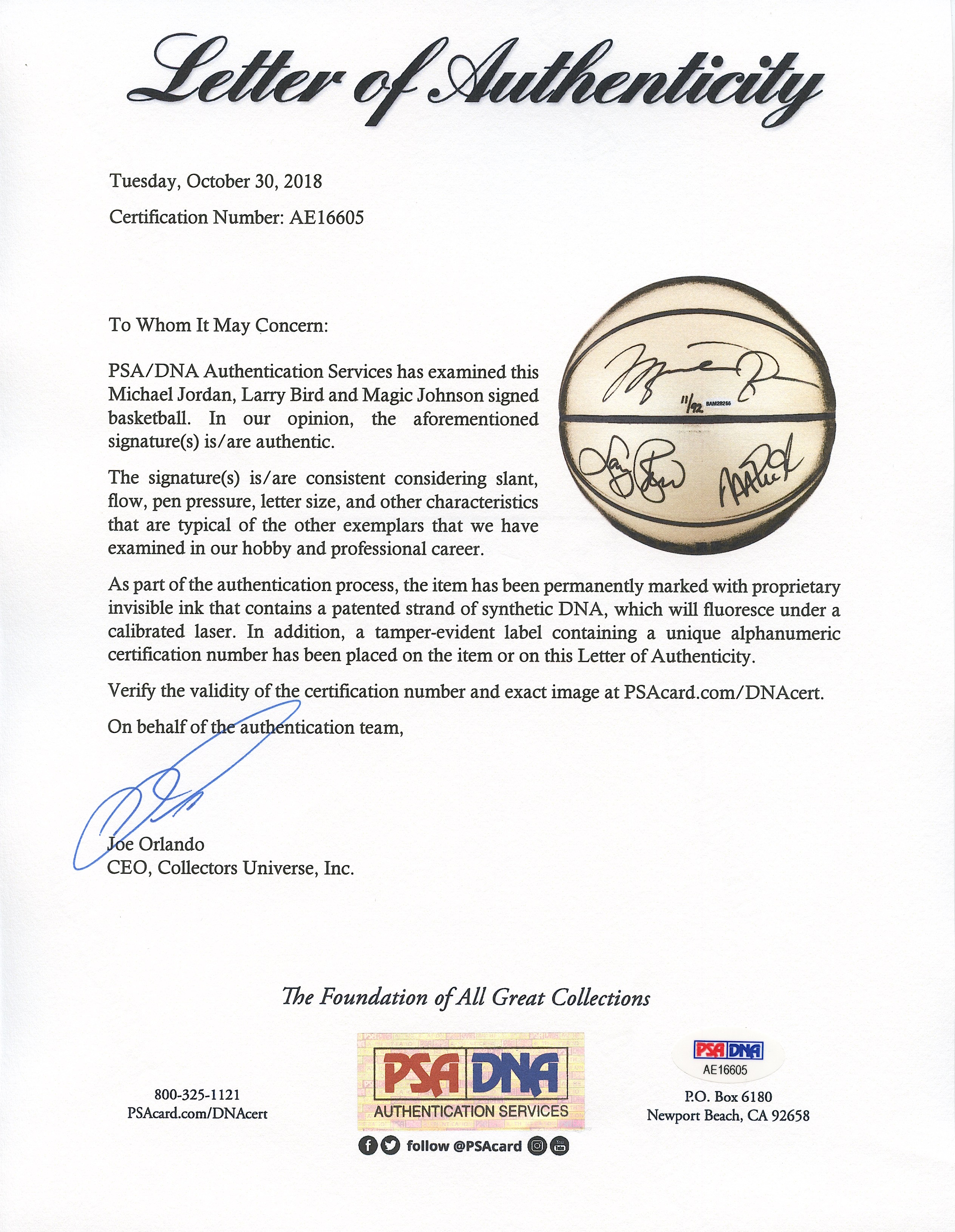 Michael Jordan, Larry Bird & Magic Johnson Signed LE Molten Gold ...