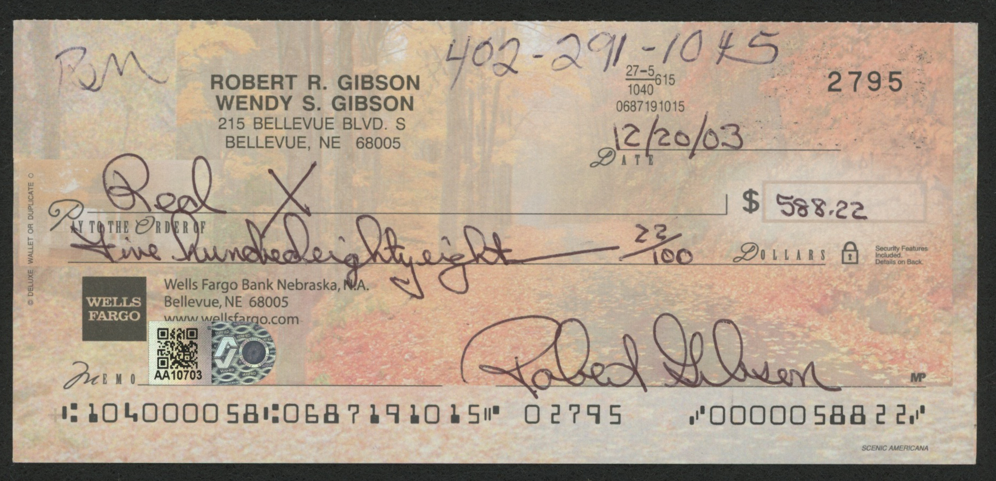 Bob Gibson Signed Personal Bank Check (AI Verified COA) | Pristine Auction