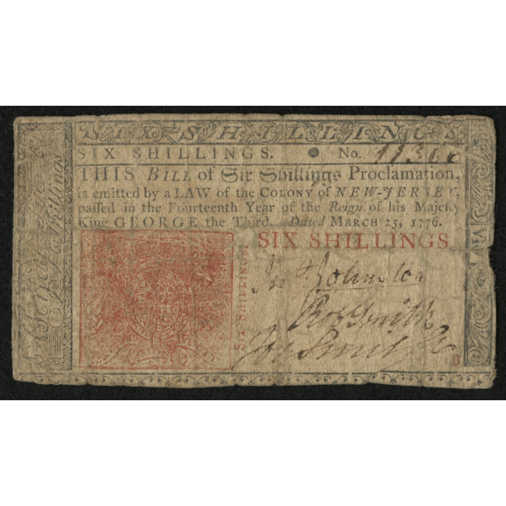 1776 Six Shillings New Jersey Colonial Currency Note | Pristine Auction