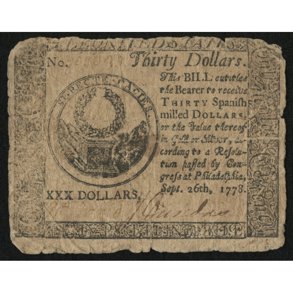 1778 Thirty Dollars Philadelphia Colonial Currency Note | Pristine Auction