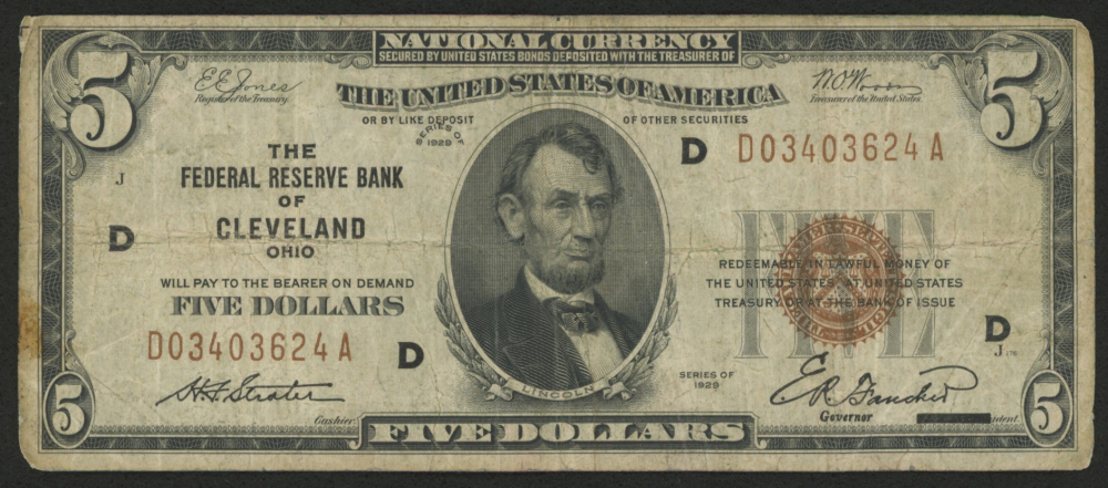 1929 $5 Five Dollars U.S. National Currency Bank Note with Brown Seal ...