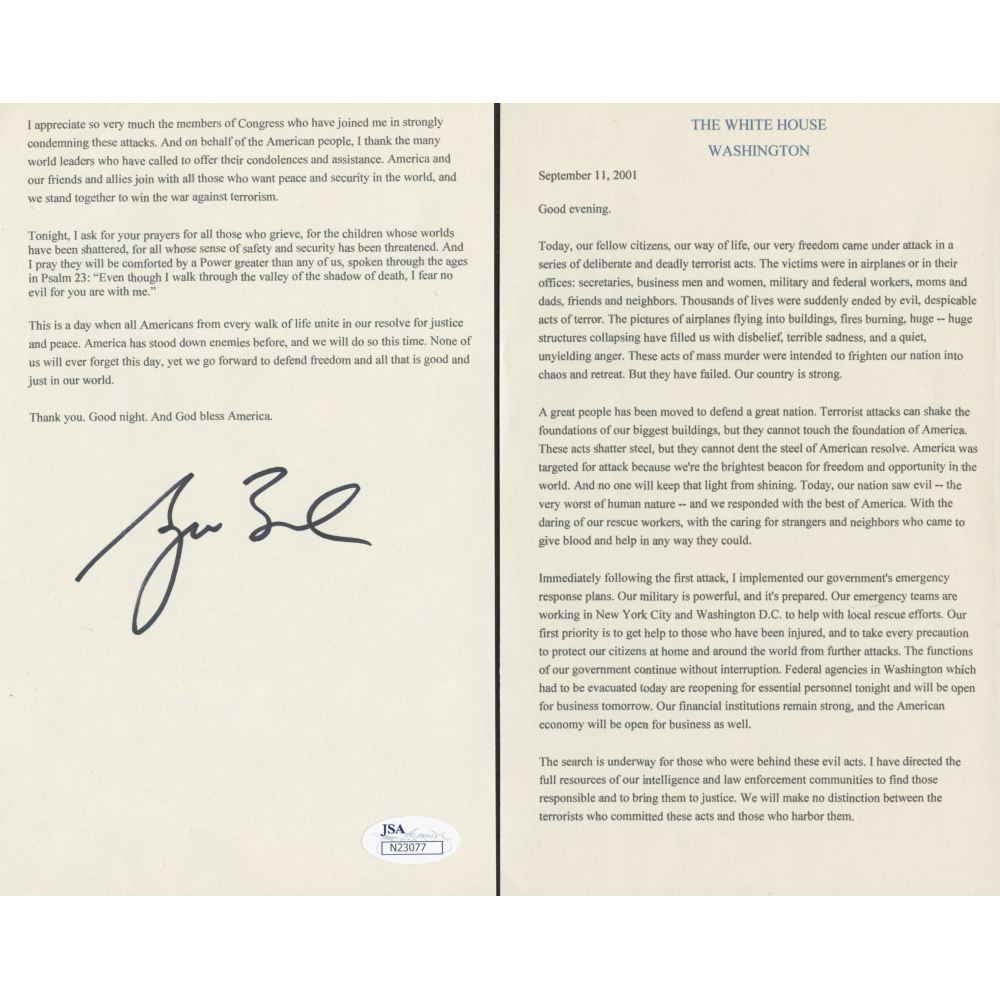 George W. Bush Signed "9/11 Speech" (JSA COA) | Pristine Auction