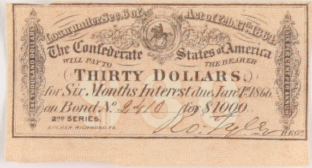 1864 $30 Thirty Dollars Confederate States of America Richmond CSA Bank ...