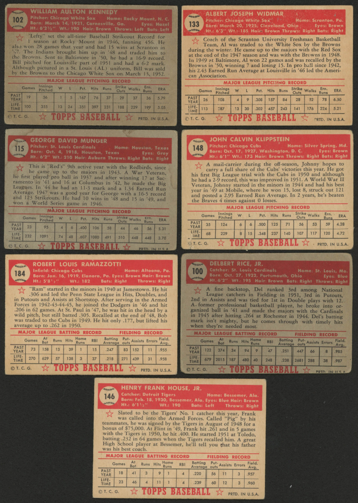 Lot of (7) 1952 Topps Baseball Cards With #102 Bill Kennedy, #133 Al ...