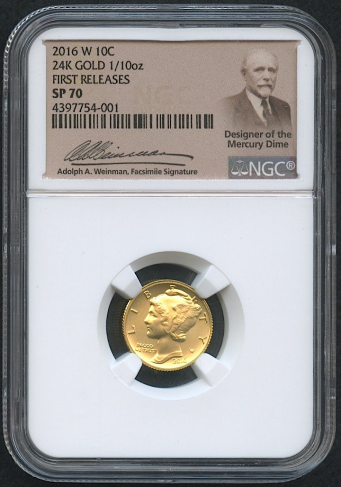 2016-W Gold Mercury Dime 1/10 Oz Gold Coin (NGC SP 70) (First Releases ...