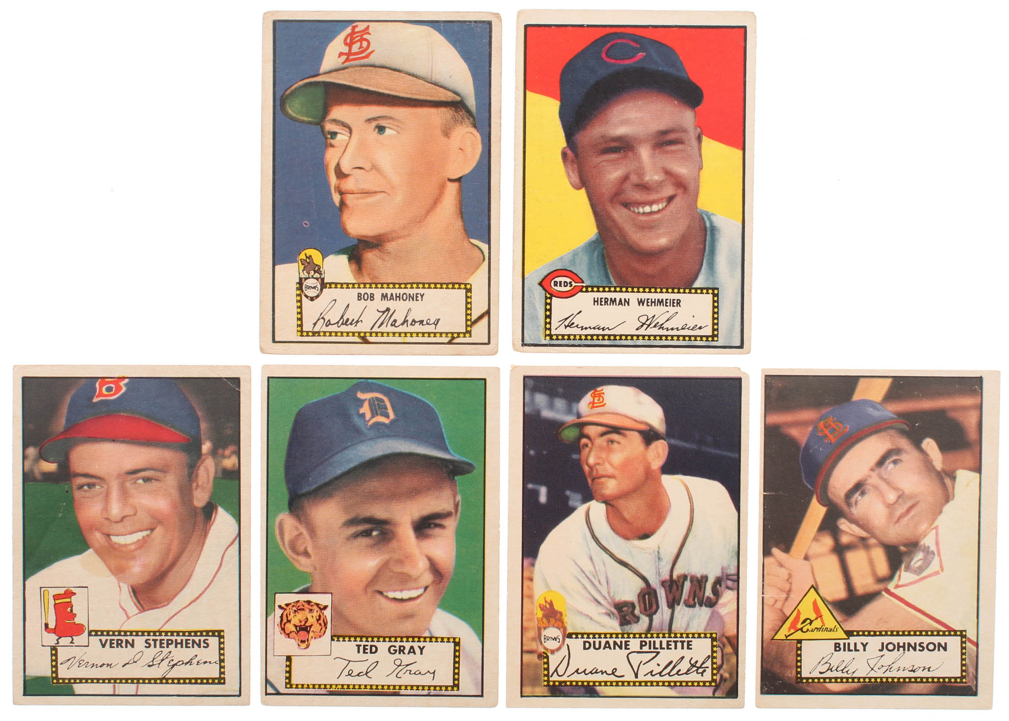 Lot of (6) 1952 Topps Baseball Cards with #58 Bob Mahoney RC, #84 Vern ...