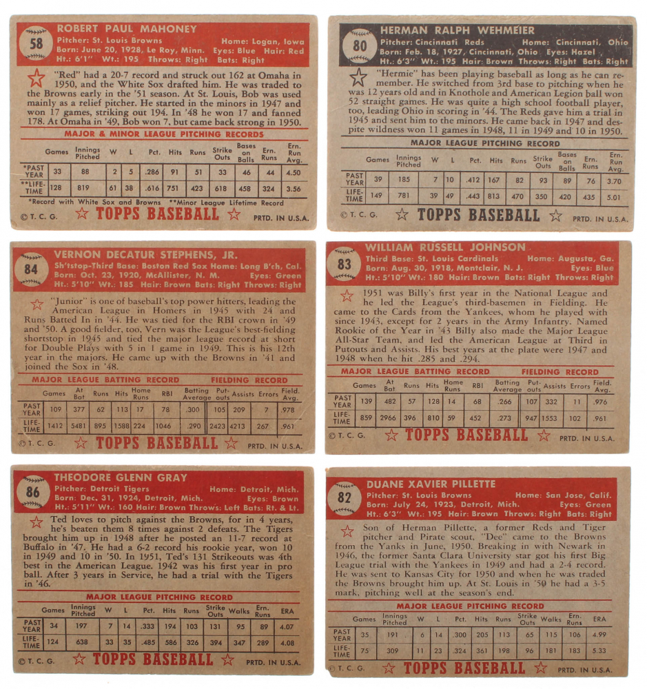Lot of (6) 1952 Topps Baseball Cards with #58 Bob Mahoney RC, #84 Vern ...