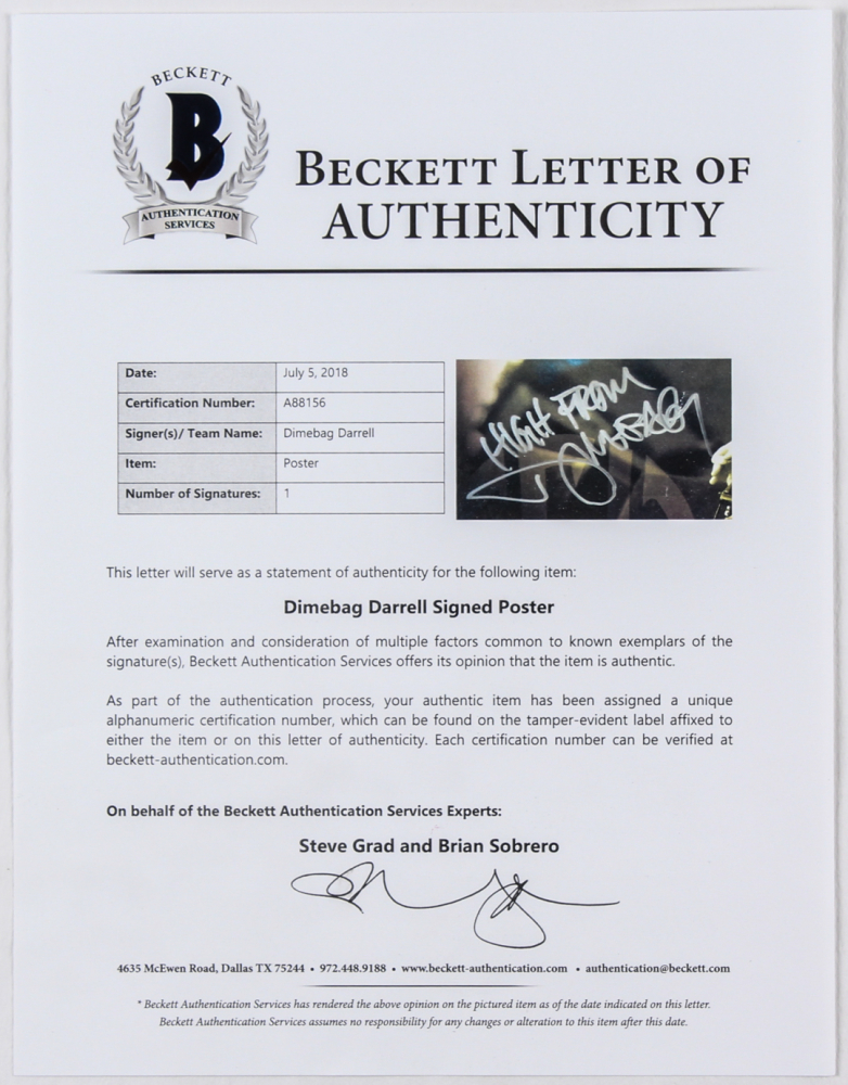 Dimebag Darrell Signed 15x20 Poster Inscribed "High From" (Beckett LOA ...