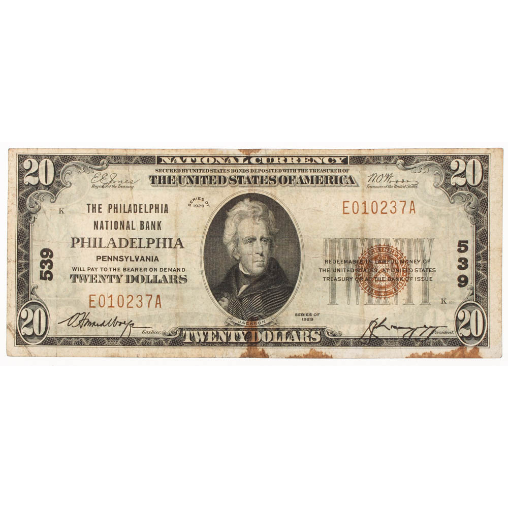 1929 $20 Twenty Dollar U.S. National Currency Bank Note with Brown Seal ...
