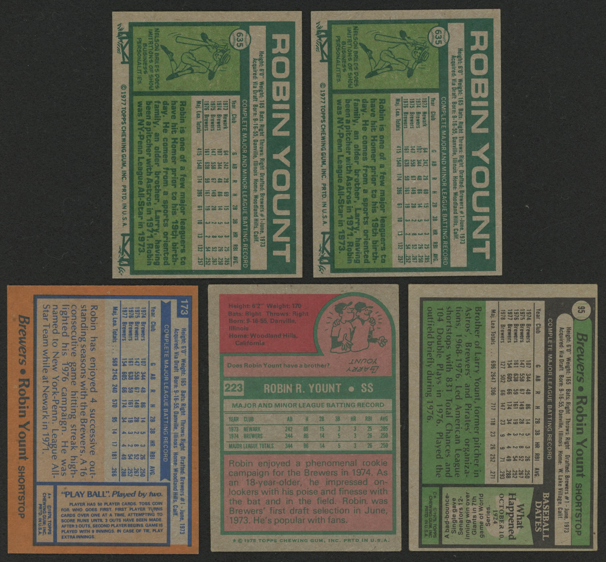 Lot of (5) Robin Yount Baseball Cards with 1975 Topps #223 Robin Yount ...