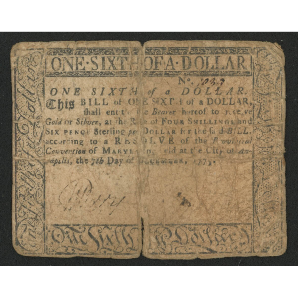 1775 One Sixth of a Dollar Maryland Colonial Currency Note | Pristine ...