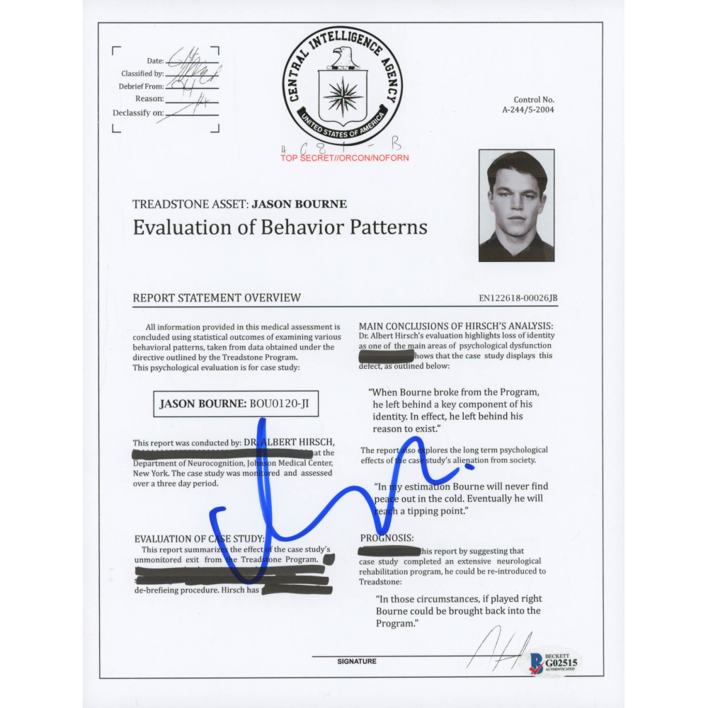 Matt Damon Signed "Treadstone: Jason Bourne CIA Report" 8.5x11 Movie ...