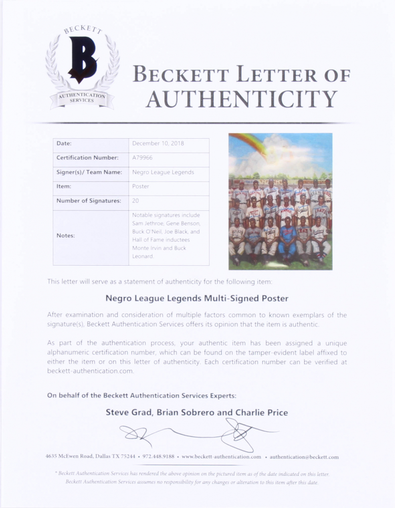 Negro League Legends 24x30 LE Lithograph Signed By (20) with Sam ...