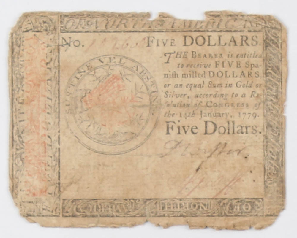 1779 $5 Five Dollars Continental Colonial Currency Note | Pristine Auction