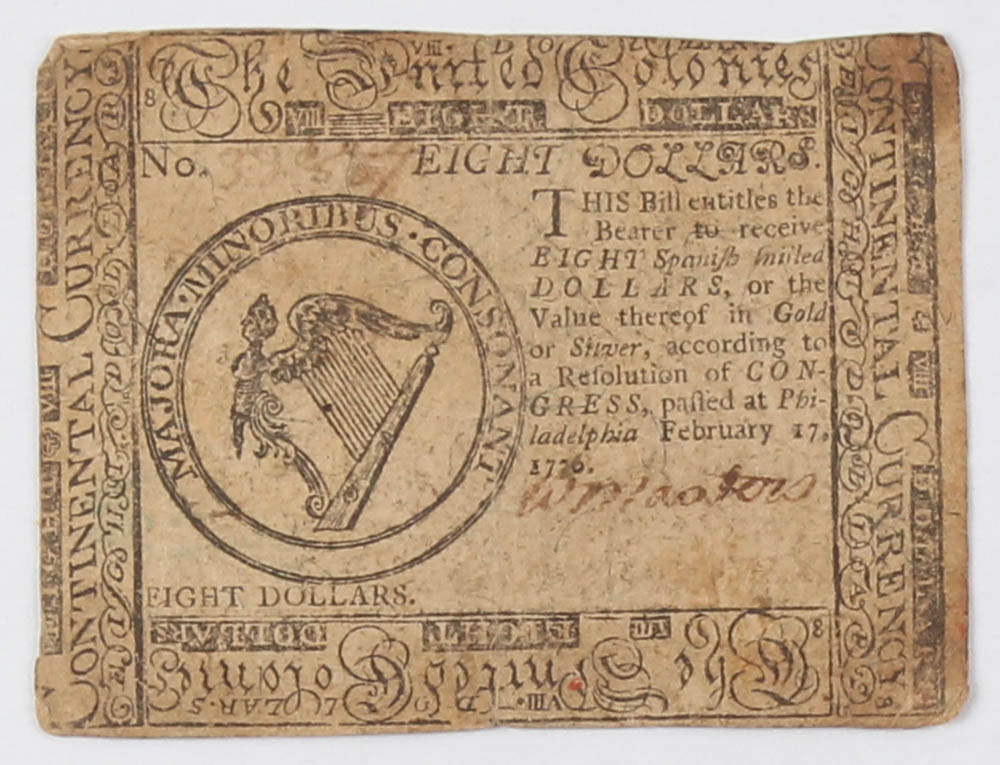 1776 $8 Eight Dollars Continental Colonial Currency Note | Pristine Auction